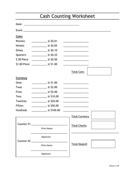 Cash Counting Worksheet Download Printable Pdf Templateroller