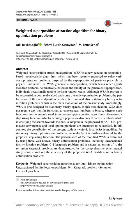 Weighted Superposition Attraction Algorithm For Binary Optimization Problems Request Pdf