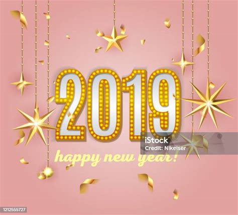 2019 년 새해 복 많이 받으세요 문자 고급 프리미엄 전구 텍스트 템플릿 황금 크리스마스 별과 분홍색 우아한 배경색종이 있습니다 새해 복 야 카드 디자인입니다 벡터