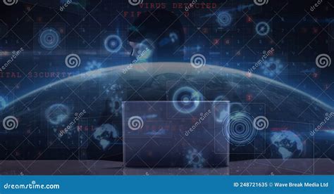 image of cyber attack warning and scopes scanning over hacker using