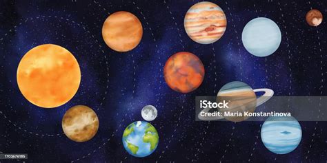 행성 궤도를 가진 태양계 수성 금성 지구 위성 달 화성 목성 토성 천왕성 해왕성 왜행성 명왕성 밤하늘 별이 빛나는 하늘 수채화 그림 금성에 대한 스톡 벡터 아트 및 기타