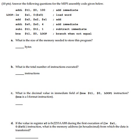 answer the following questions for the mips assembly