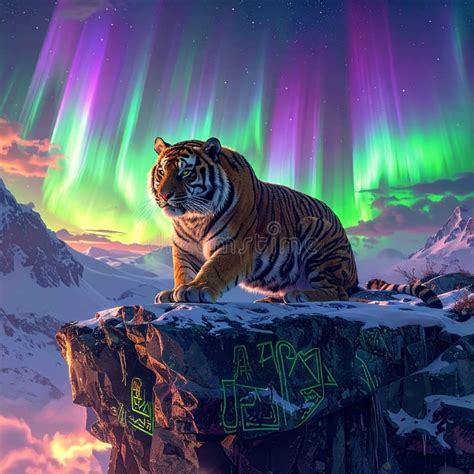 Tiger On Cliff Under Aurora Borealis Night Sky Stock Illustration