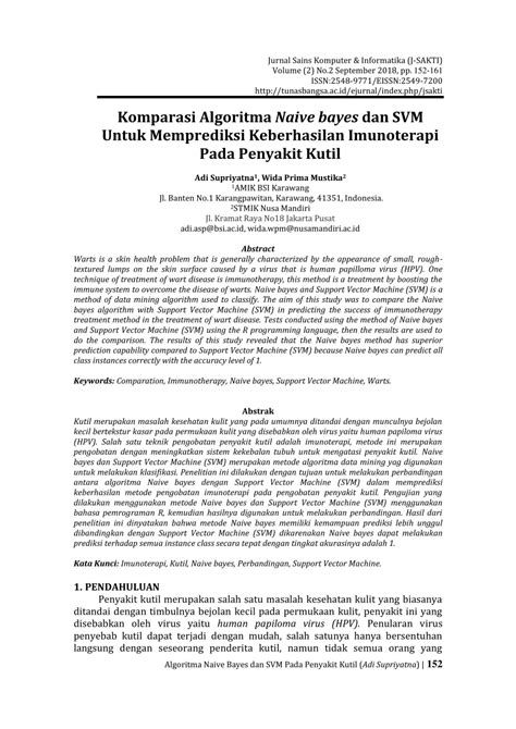 Pdf Komparasi Algoritma Naive Bayes Dan Svm Untuk Memprediksi Keberhasilan Imunoterapi Pada