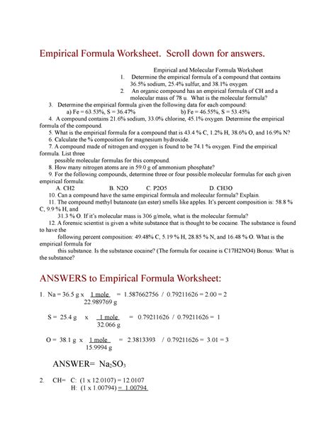 Percent Composition And Molecular Formula Worksheet Worksheet