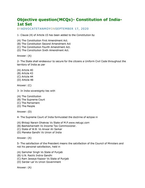 Objective Question MCQs Constitution Of India St Set Objective Question MCQs Constitution