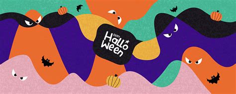 해피 할로윈 웹 사이트 배너 또는 표지의 귀여운 개념입니다 괴물 유령 박쥐 호박 기하학적 및 액체 모양이 있는 추상 미술 디자인
