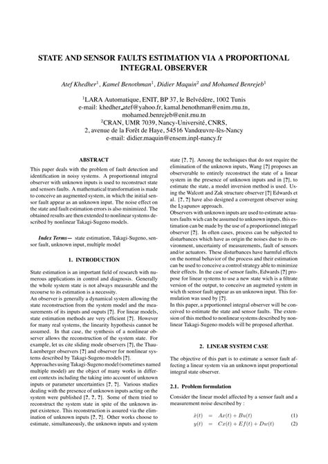 Pdf State And Sensor Faults Estimation Via A Proportional Integral Observer