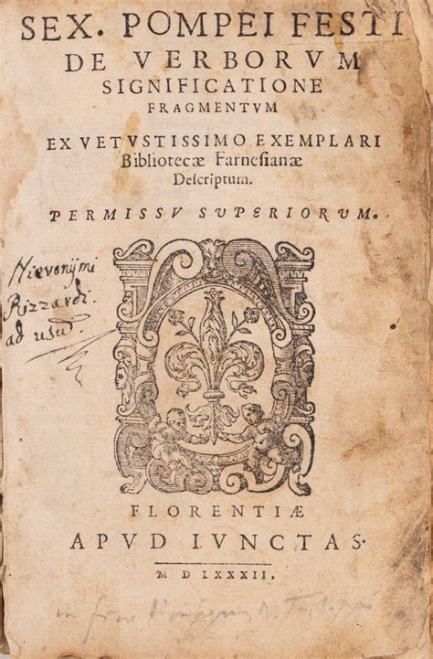 Rufio Festo Sex Pompei Festi De Verborum Significatione Fragmentum 1582 Finarte