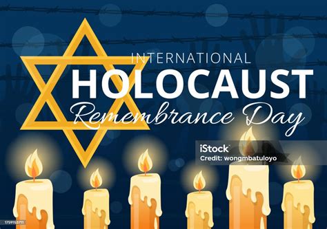 국제 홀로코스트 현충일 벡터 일러스트 레이 션 1월 27일 노란색 별과 촛불 평면 배경에서 희생자를 기념하기 위해 Holocaust에 대한 스톡 벡터 아트 및 기타 이미지