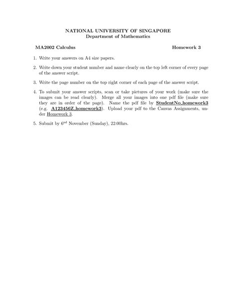Homework 3 Practice Material For Calculus NATIONAL UNIVERSITY OF SINGAPORE Department Of