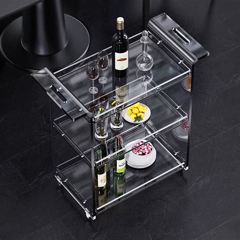 Modern Acrylic Rolling Serving Bar Cart Tier Trolley End Table With Handles Kitchen Dining