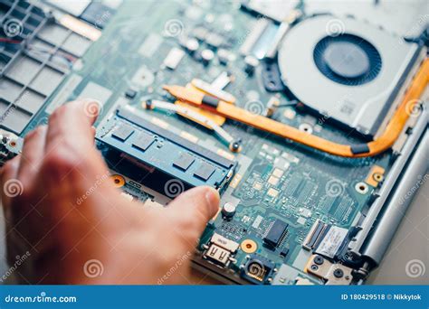Memory Module Ddr Ram Installation In Laptop By Hand Stock Photo Image Of Electronics
