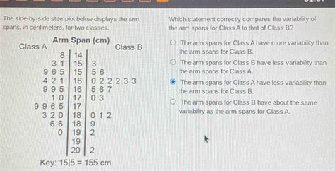 Solved The Side By Side Stemplot Below Displays The Arm Which Statement Correctly Compares The