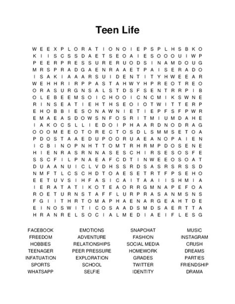 Teenagers Word Search