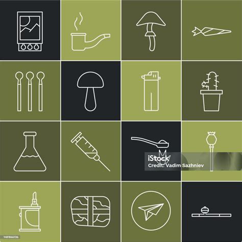 세트 라인 아편 파이프 양귀비 냄비에 선인장 Peyote 실로시 빈 버섯 성냥 성냥갑 및 성냥 열기 및 라이터 아이콘 벡터 담배 용품에 대한 스톡 벡터 아트 및 기타 이미지