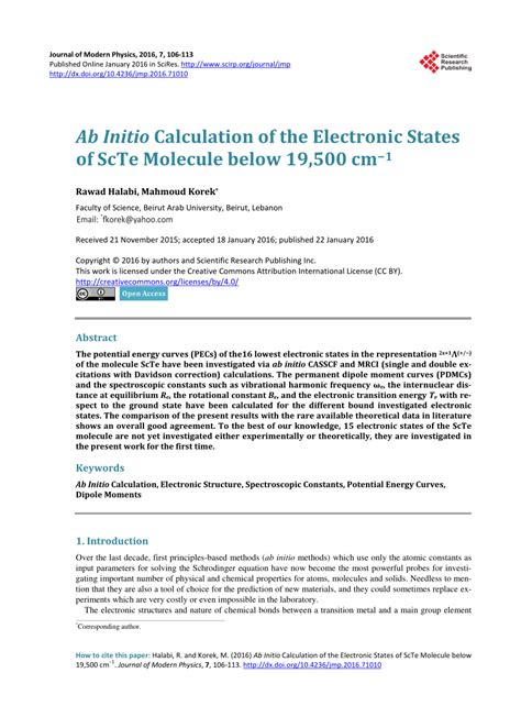 Pdf Ab Initio Calculation Of The Electronic States Of Scte Molecule