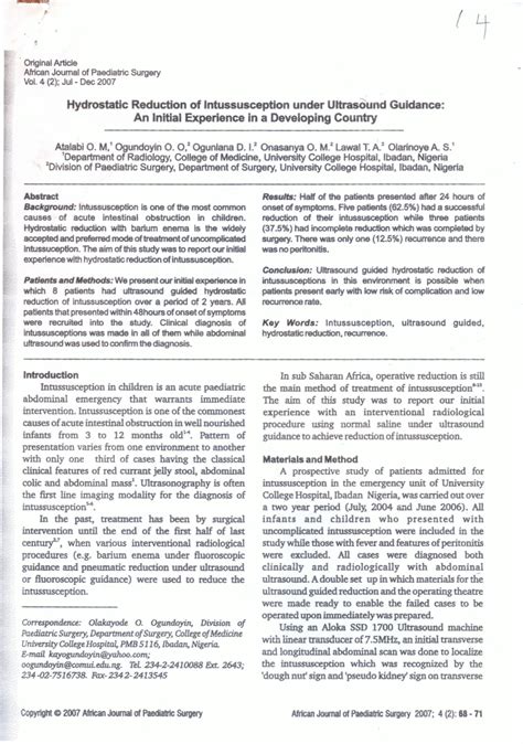 Pdf Hydrostatic Reduction Of Intussusception Under Ultrasound Guidance An Initial Experience