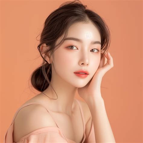 Premium Photo A Asian Woman With A Red Lip And A Pink Lip On Peach Color Background Generated Ai