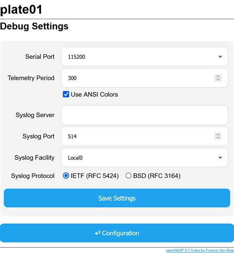 Debug Settings Openhasp