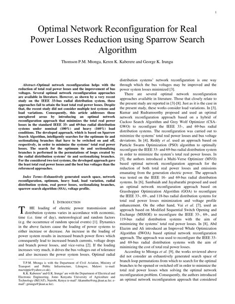 Pdf Optimal Network Reconfiguration For Real Power Losses Reduction Using Sparrow Search Algorithm