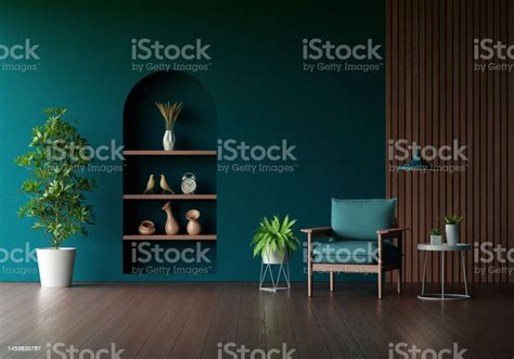 모형 3d 렌더링을 위한 복사 공간이 있는 녹색 거실의 안락의자 어두운 색에 대한 스톡 사진 및 기타 이미지 어두운 색 칸 가구 화분 원예용품 Istock