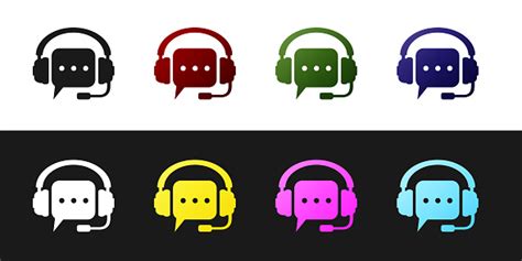 흑백 배경에 고립 된 연설 거품 아이콘으로 헤드폰을 설정 합니다 고객 서비스 핫라인 콜센터 가이드 라인 Faq 및 유지 보수 서비스를 지원 합니다 벡터 일러스트 개념에 대한