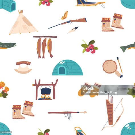 전통적인 이누이트 아이템을 특징으로 하는 매끄러운 패턴 이글루 장갑 무클루크 울루 작살 썰매 탬버린 가마솥에 대한 스톡 벡터 아트 및 기타 이미지 Istock