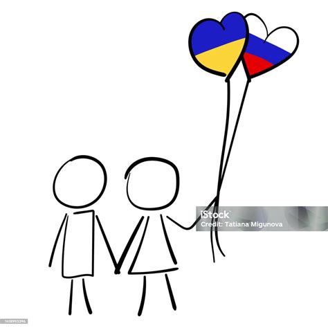 우크라이나 국기와 러시아 국기 소녀는 풍선을 들고 있습니다 우크라이나 평화의 개념 벡터 일러스트레이션 Russian Invasion Of Ukraine 2022 2025