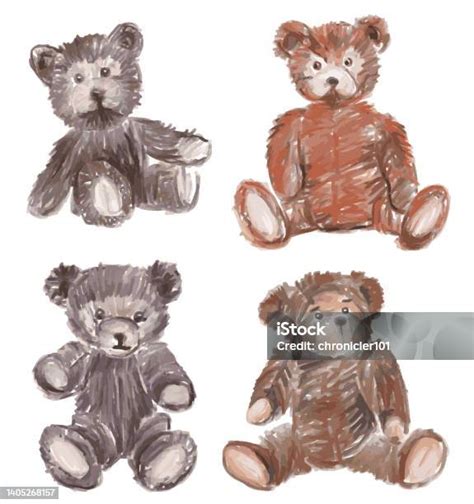 다양한 오래된 박제 장난감 테디 베어의 수채화 브러시 그림 테디 베어에 대한 스톡 벡터 아트 및 기타 이미지 테디 베어 다양 오래된 Istock
