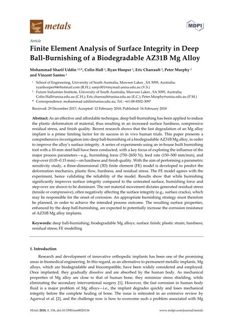 Pdf Finite Element Analysis Of Surface Integrity In Deep Ball Burnishing Of A Biodegradable
