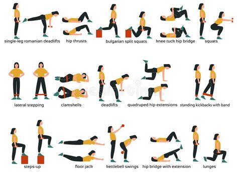 Set Of Glute Exercises And Workouts Flat Vector Illustration Glute Exercises With Titles Or