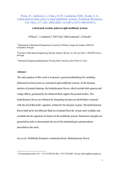 Pdf Lubricated Revolute Joints In Rigid Multibody Systems Hamid Lankarani