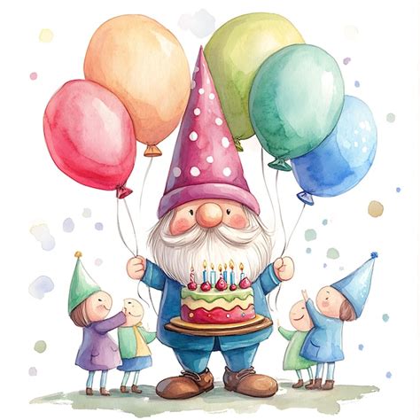 Happy Birthday Gnome With Cake And Balloons Premium Ai Generated Image