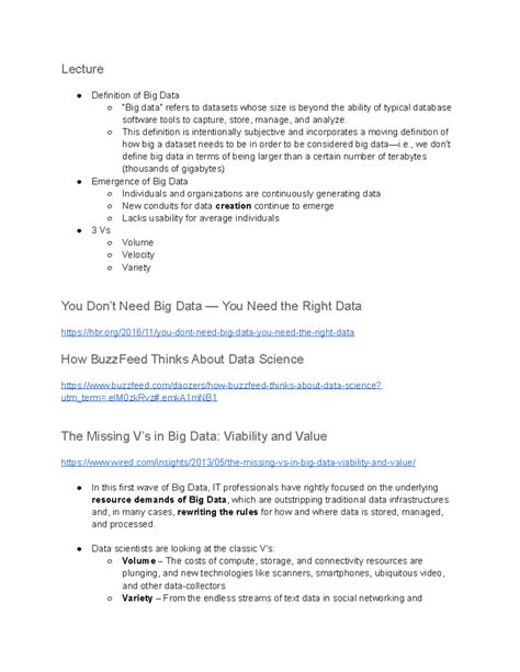 Module 11 Big Data Lecture Notes 11 Lecture Definition Of Big Data Big Data” Refers To