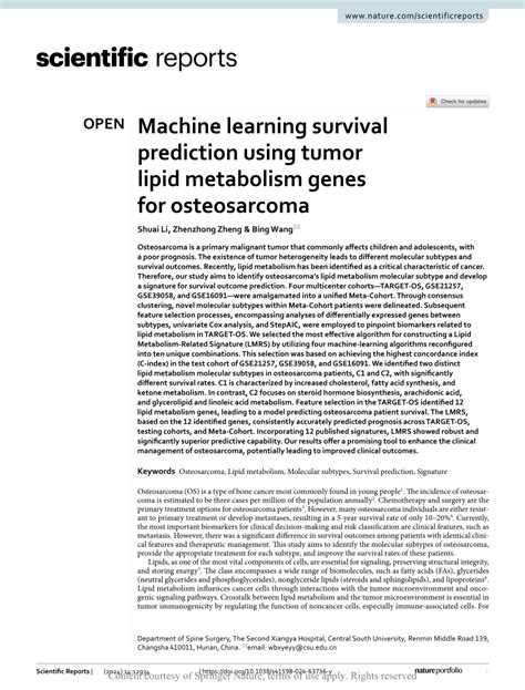 Pdf Machine Learning Survival Prediction Using Tumor Lipid Metabolism Genes For Osteosarcoma