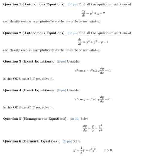 Solved Question 1 Autonomous Equations 10 Pts Find All