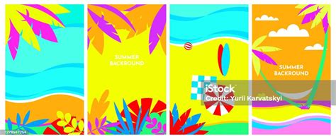 소셜 미디어 이야기 디자인 템플릿의 벡터 세트 텍스트 복사 공간이있는 배경 여름 풍경 배너 인사말 카드 포스터 및 광고 배경 여름 휴가 개념 0명에 대한 스톡 벡터 아트 및
