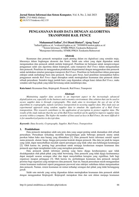 Pdf Pengamanan Basis Data Dengan Algoritma Transposisi Rail Fence