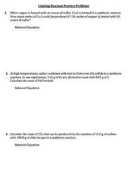 Limiting Reactant Practice Problems By Sarah McDowell TPT