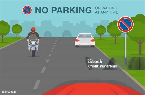 안전 운전 요령 및 교통 규제 규칙 주차 또는 대기 시간 경고 표지판 의미 도시 거리의 전망입니다 거리에 대한 스톡 벡터 아트