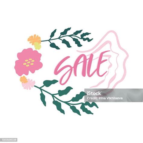 판매 레터링 흰색 배경에 꽃 프레임에 손 글자의 벡터 그림 배너 로고 가격에 대한 스톡 벡터 아트 및 기타 이미지 가격 개체 그룹 그림자 Istock