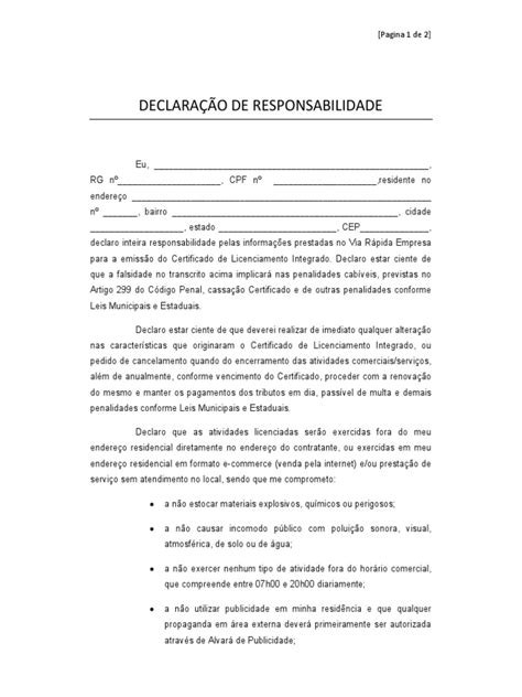 Declaracao De Responsabilidade Pdf Recibo E Commerce