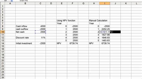 net present value calculation excel npv function and manual