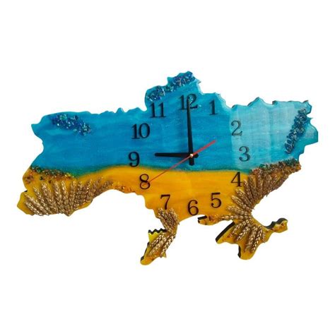ᐉ Годинник настінний Карта України з епоксидної смоли ручної роботи з колосками 100х65 см