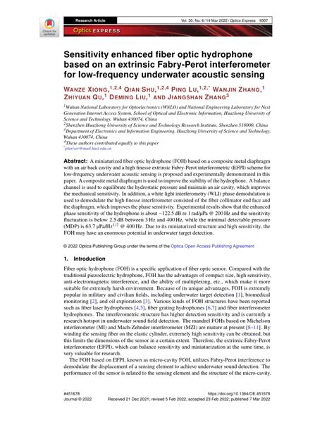 Pdf Sensitivity Enhanced Fiber Optic Hydrophone Based On An Extrinsic Fabry Perot
