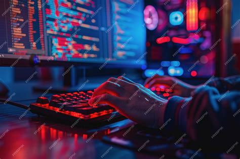 Premium Photo Programmers Hands On Keyboard Writing Source Code Screen Showing Code Ai Generated