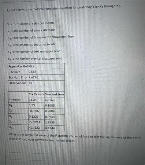 Solved Listed Below Is The Multiple Regression Equation For