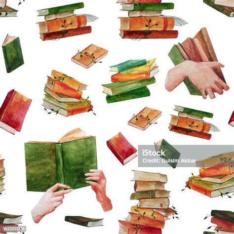하얀 배경에 고립 된 책과 손이있는 책과 손이있는 완벽한 패턴 책에 대한 스톡 벡터 아트 및 기타 이미지 책 수채화 더미 Istock