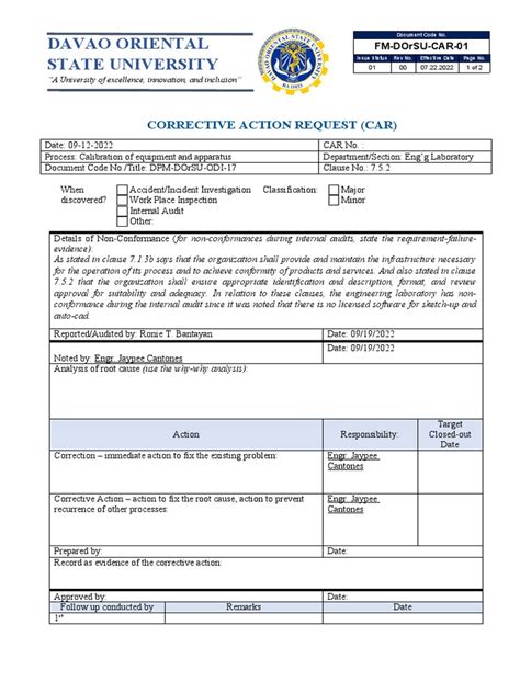 Corrective Action Request Eng Lab 1 Pdf Laboratories Audit